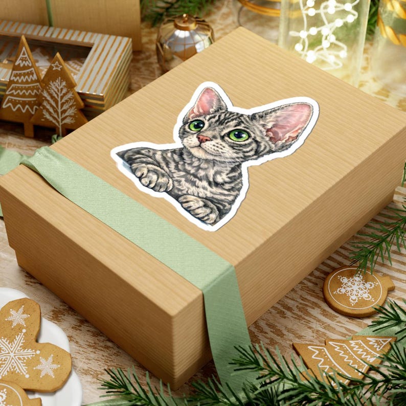 Gray Tabby Devon Rex Kitten Kiss-cut Sticker | Cute Cat Vinyl Decal for ...