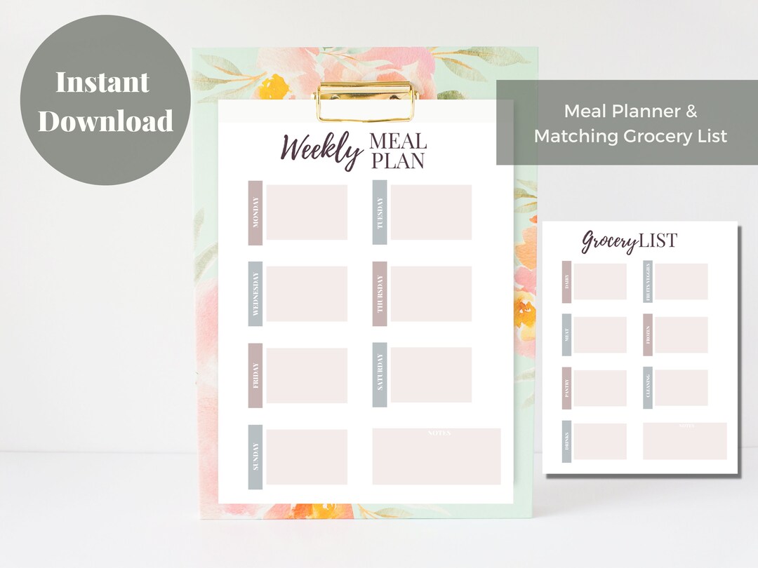 Weekly Meal Planner and Grocery List, Meal Planner Printable, Instant ...