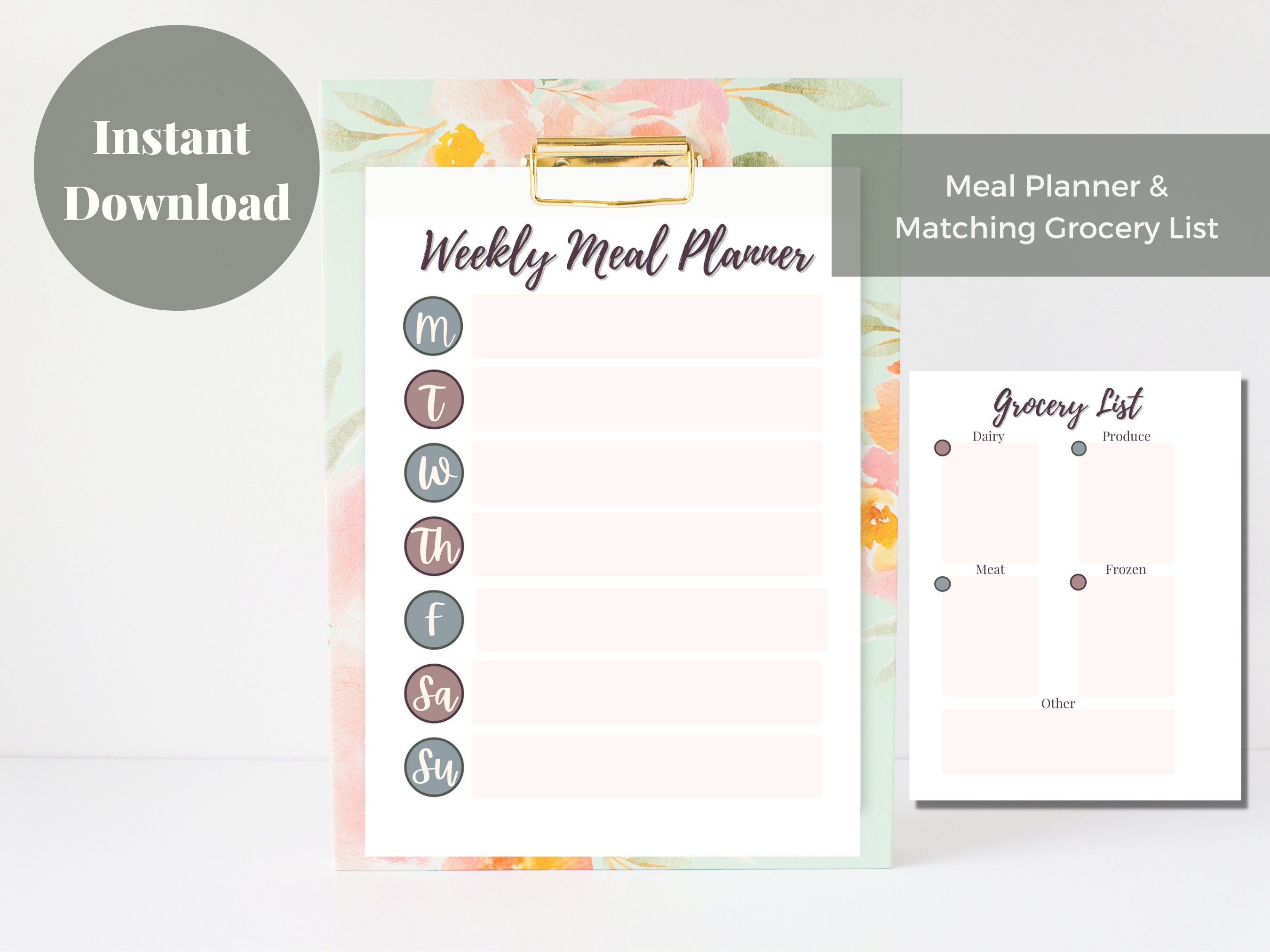 Weekly Meal Planner and Grocery List, Meal Planner Printable, Instant ...
