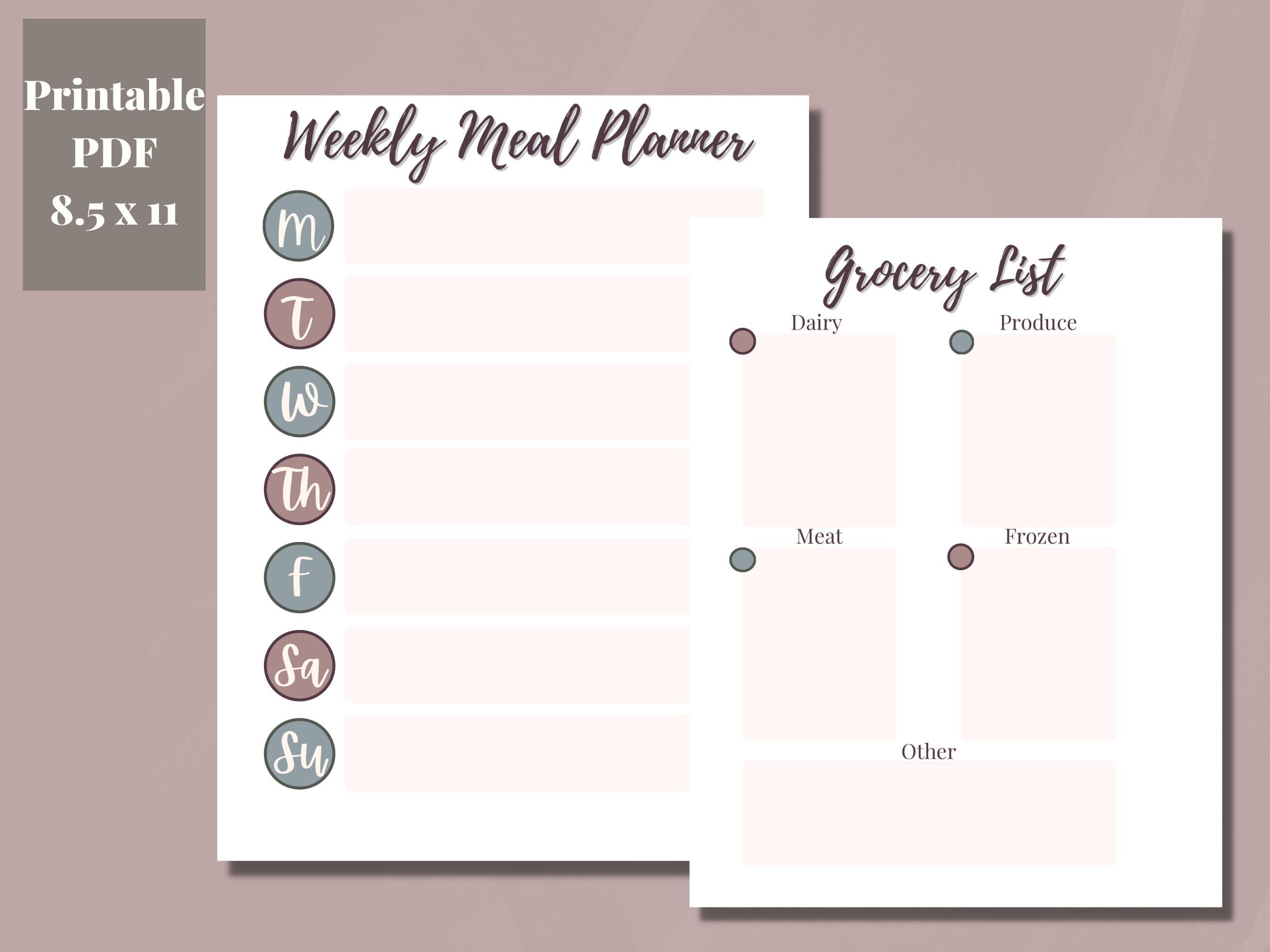 Weekly Meal Planner and Grocery List, Meal Planner Printable, Instant ...