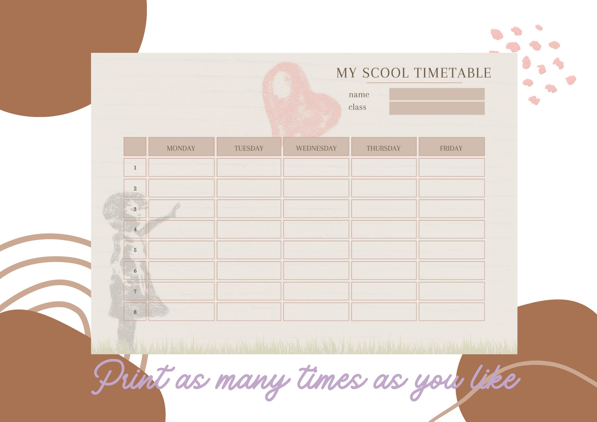 Printable School Heart Timetable, Girl Planner, Back to School ...