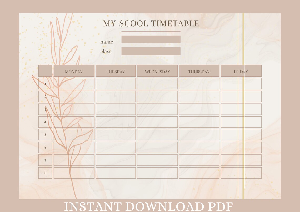Printable School Beige Flower Timetable, Girl Planner, Back to School ...
