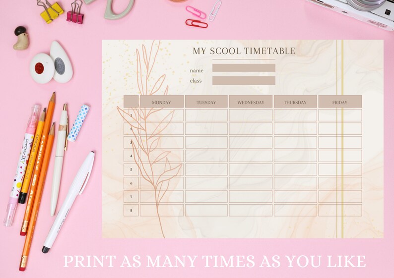 Printable School Beige Flower Timetable, Girl Planner, Back to School ...