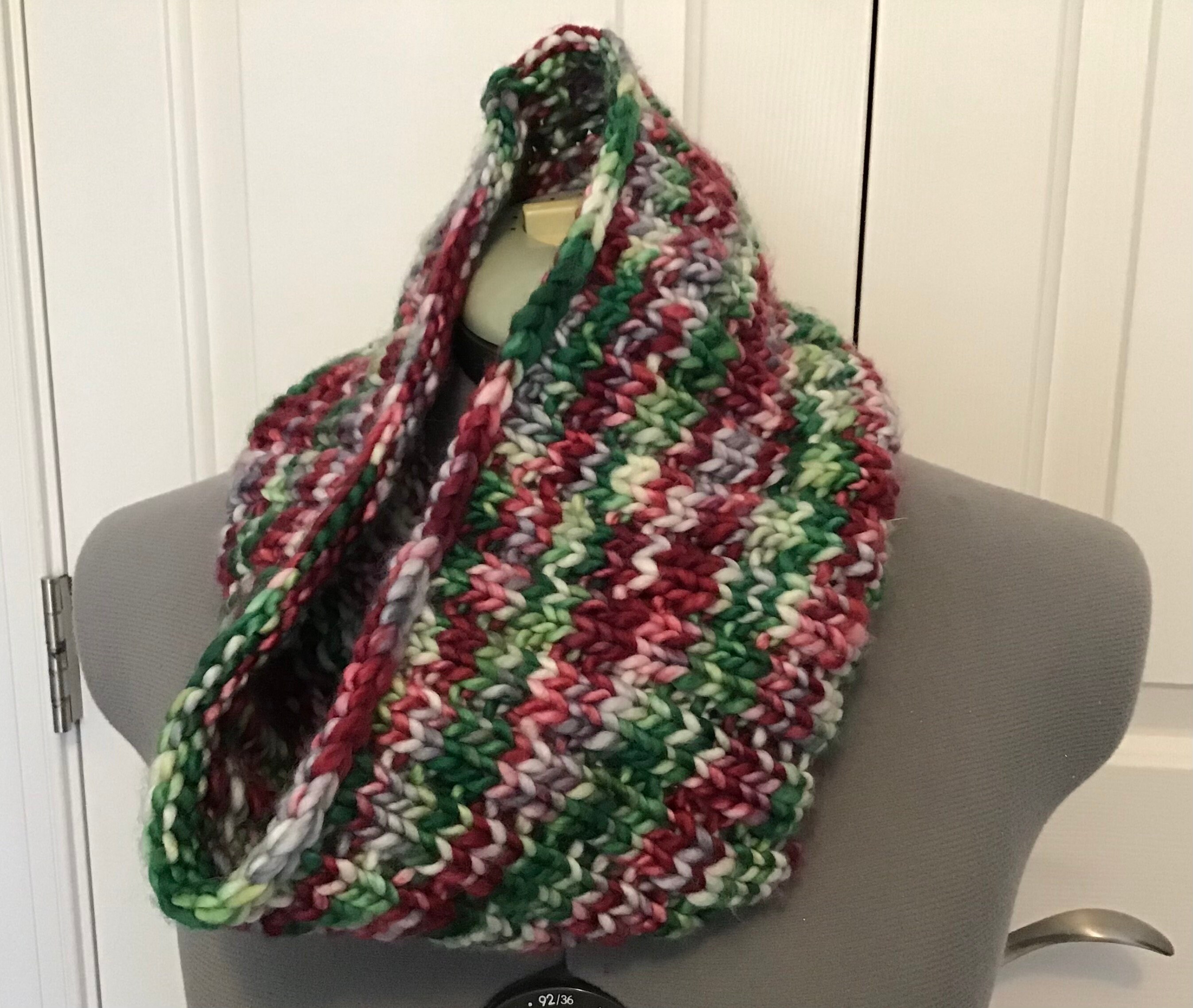 Hand Knit Red, Green and White Adult Cowl Merino Wool, Bulky and Warm ...