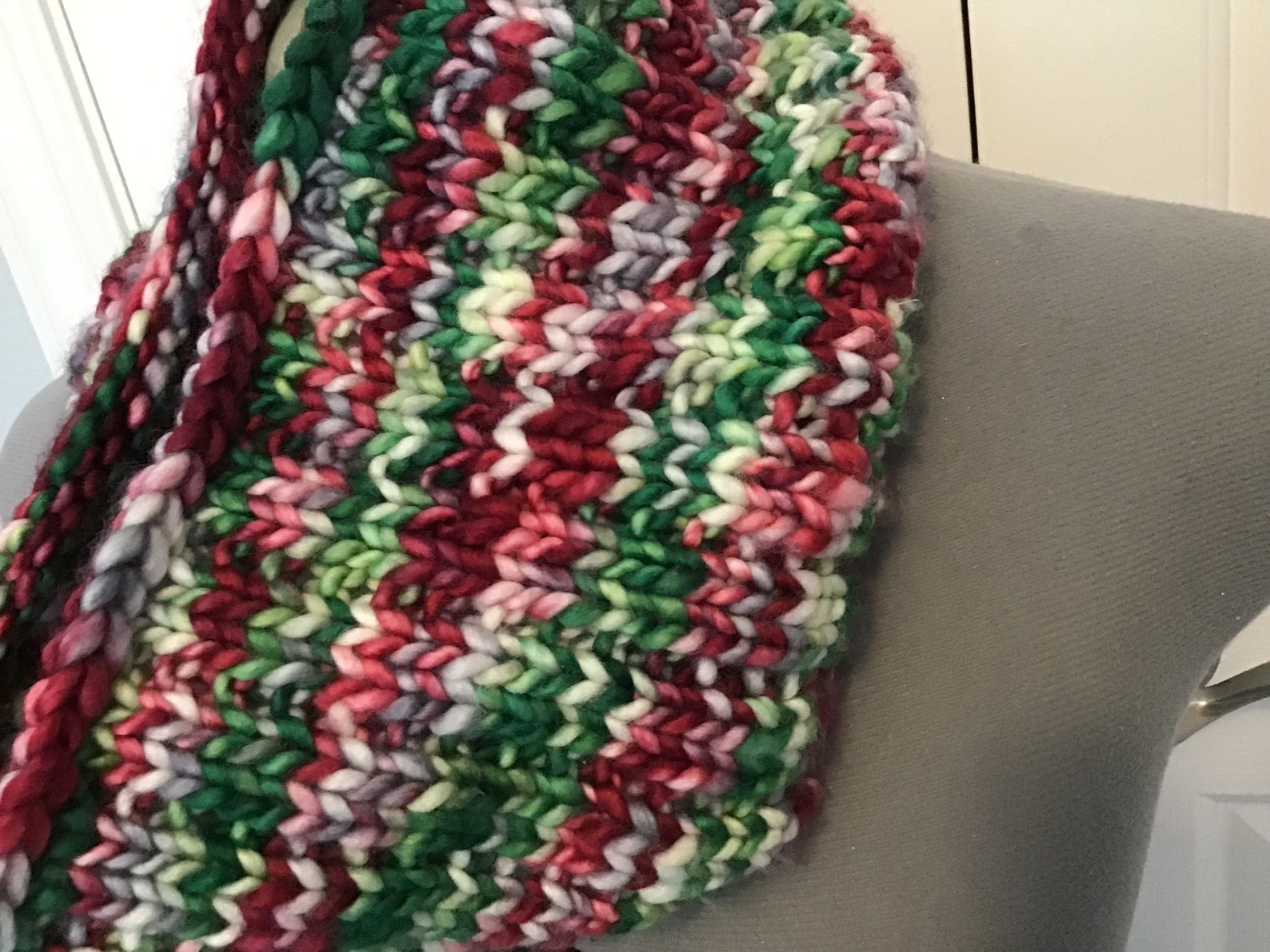 Hand Knit Red, Green and White Adult Cowl Merino Wool, Bulky and Warm ...