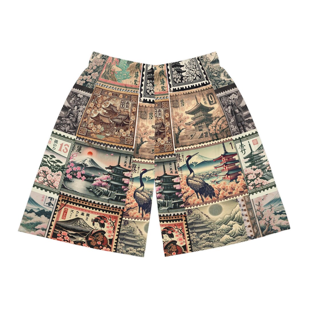 Vintage Stamp Print Basketball Shorts: Lightweight Polyester Sportswear ...