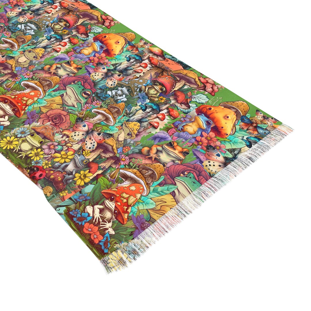 Floral Gnome Scarf, Cute Garden Gnome Print Wrap, Whimsical Fungi ...