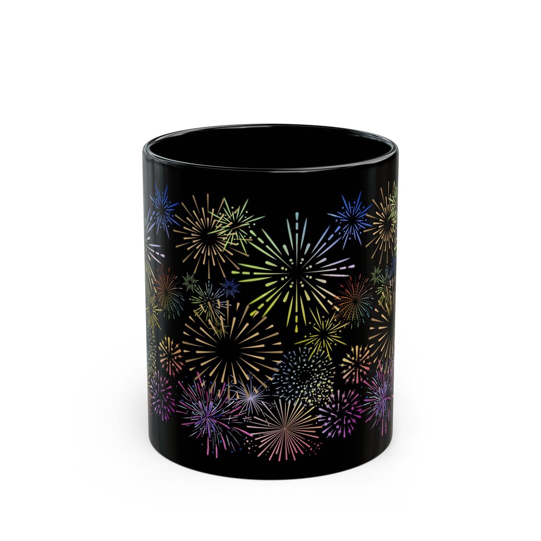 Fireworks Graphic Black Mug, New Year's Eve Celebration Coffee Cup ...