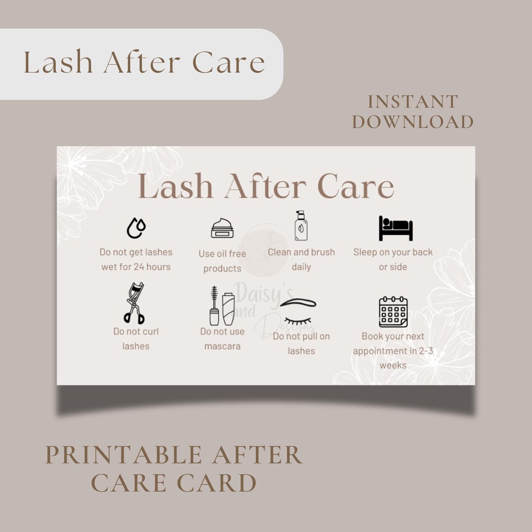 Lash After Care Card, Eyelash Extensions, Lash Technician, Printable ...