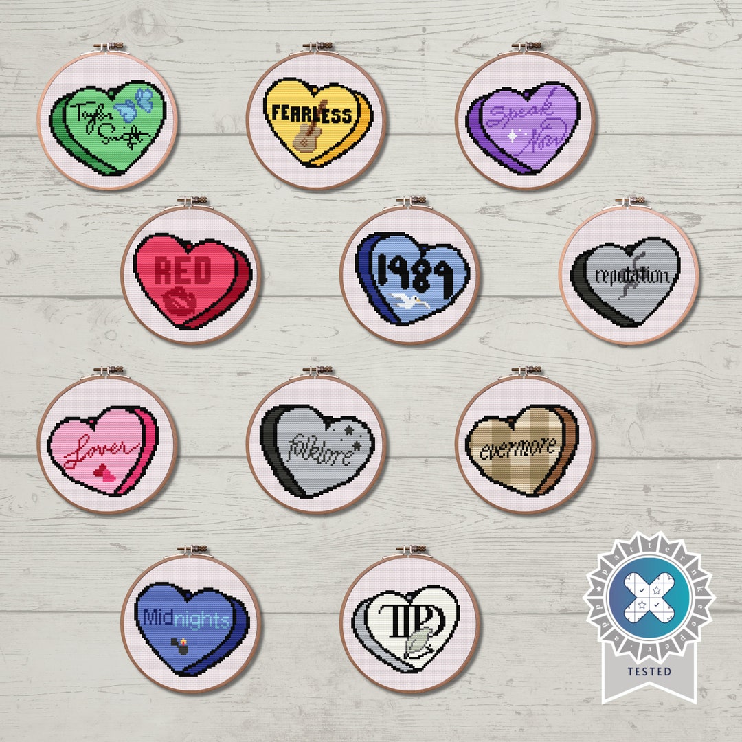 Pop Singer Inspired, Eras Valentine's Day Candy Hearts, Cross Stitch ...