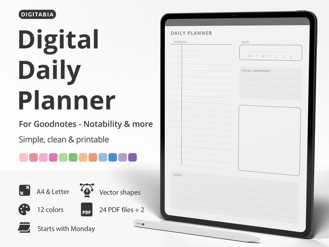 Simple Digital Daily Planner Goodnotes Notability Printable 12 Color - Etsy