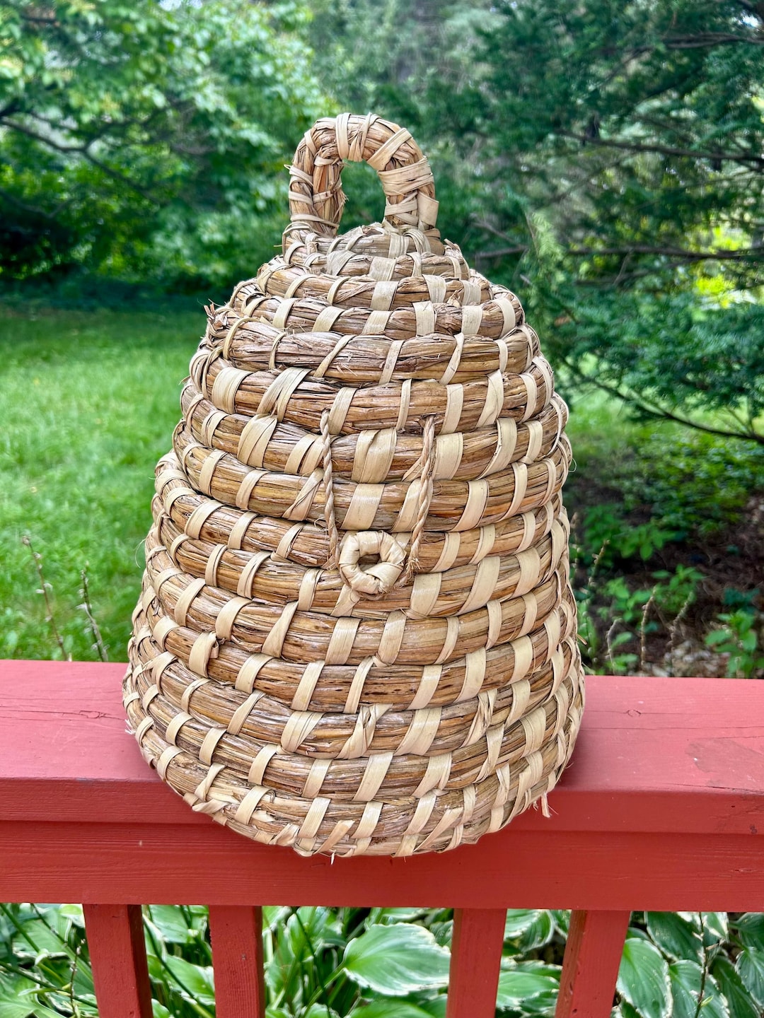 Rustic Bee Skep Basket Beehive Coiled Straw Palm Lidded Decor Large 16 ...