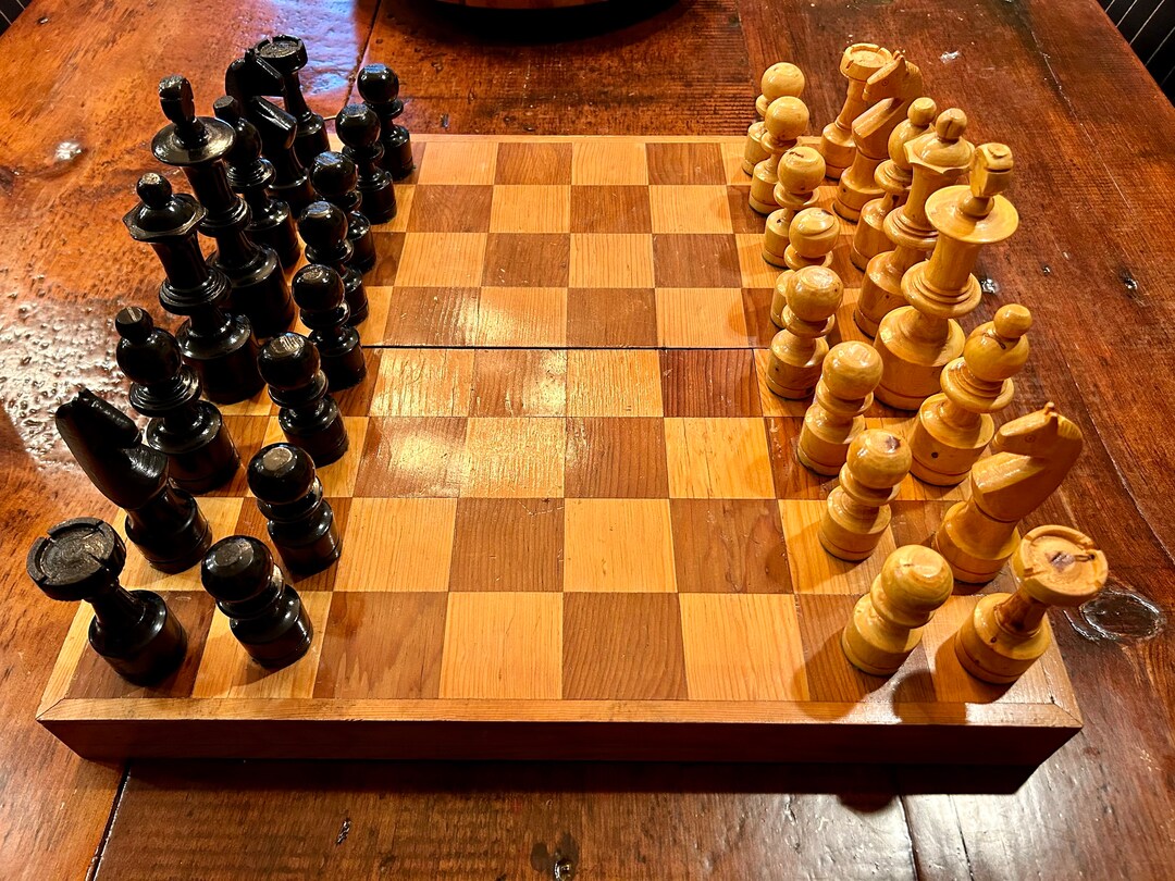Monumental Folk Art Handmade Wood Chess Set, Folding Board and Pieces ...