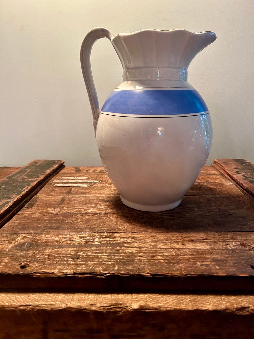 Antique COOK & HANCOCK Semi-granite Large White Blue Banded Pitcher ...