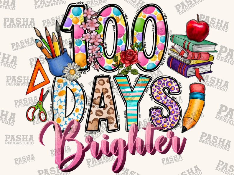 100 Days Brighter PNG, Instant Digital Download, Retro Png, 100 Days ...