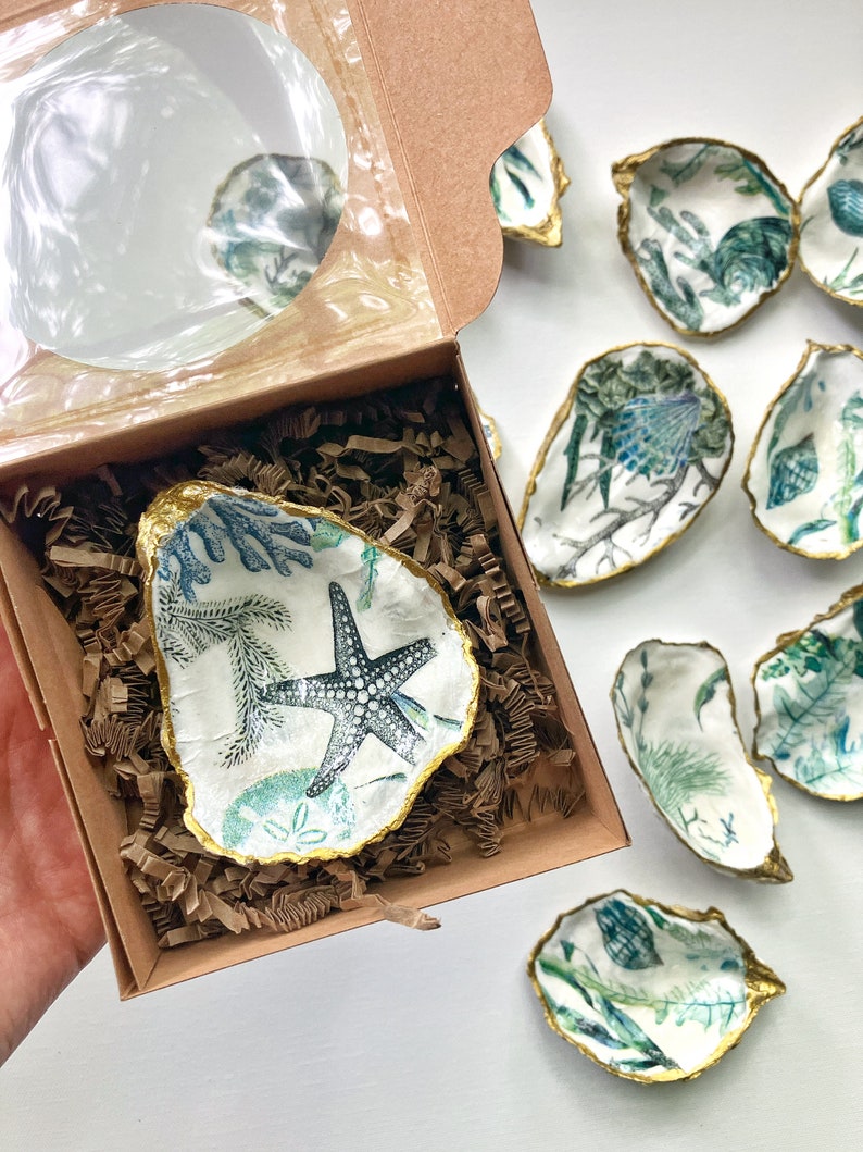 Green and White Oyster Shell Ring Dish, Beach Themed Wedding Gift ...