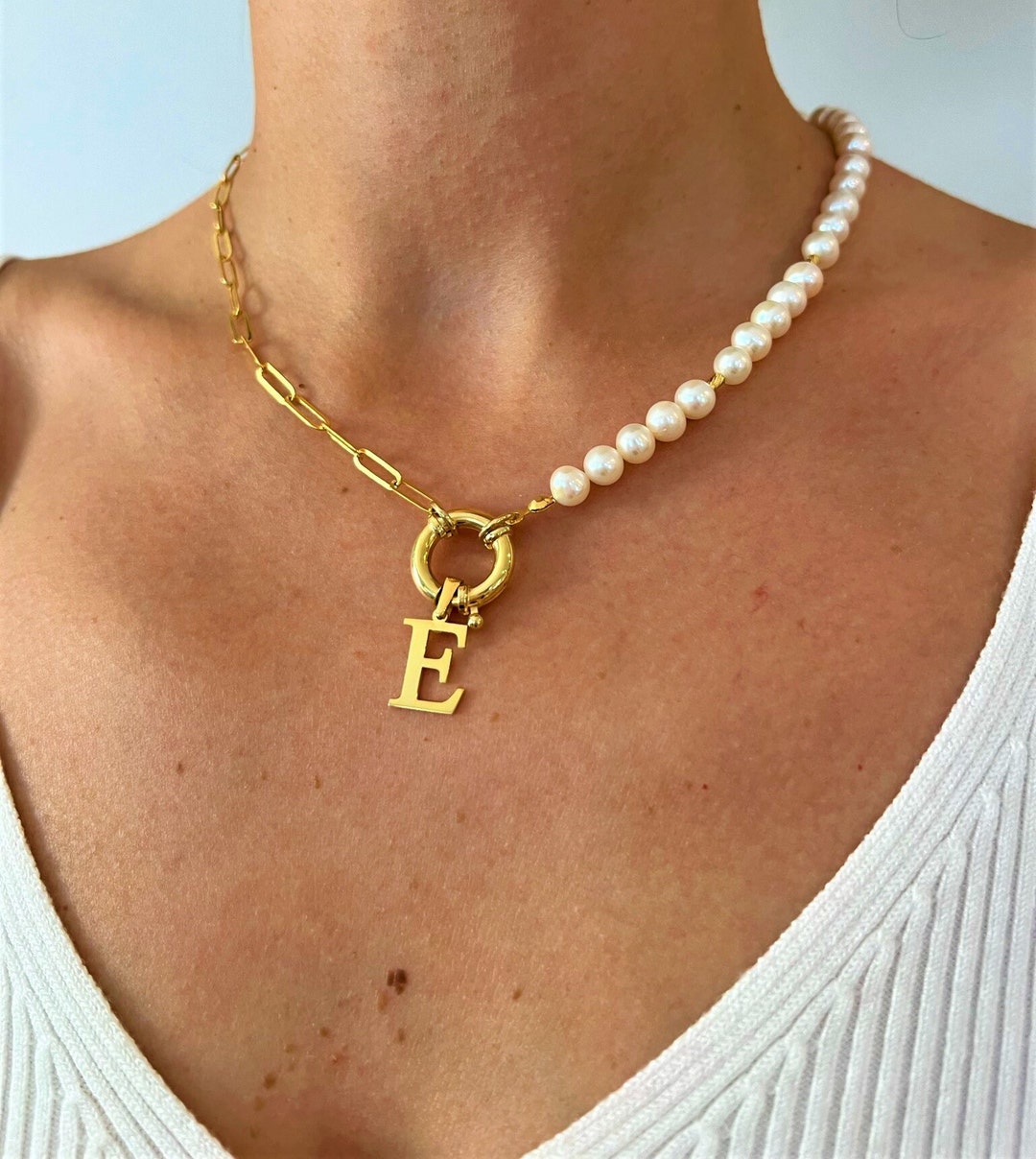 Pearl Initial Necklace, Half Pearl Half Paperclip Chain Necklace ...