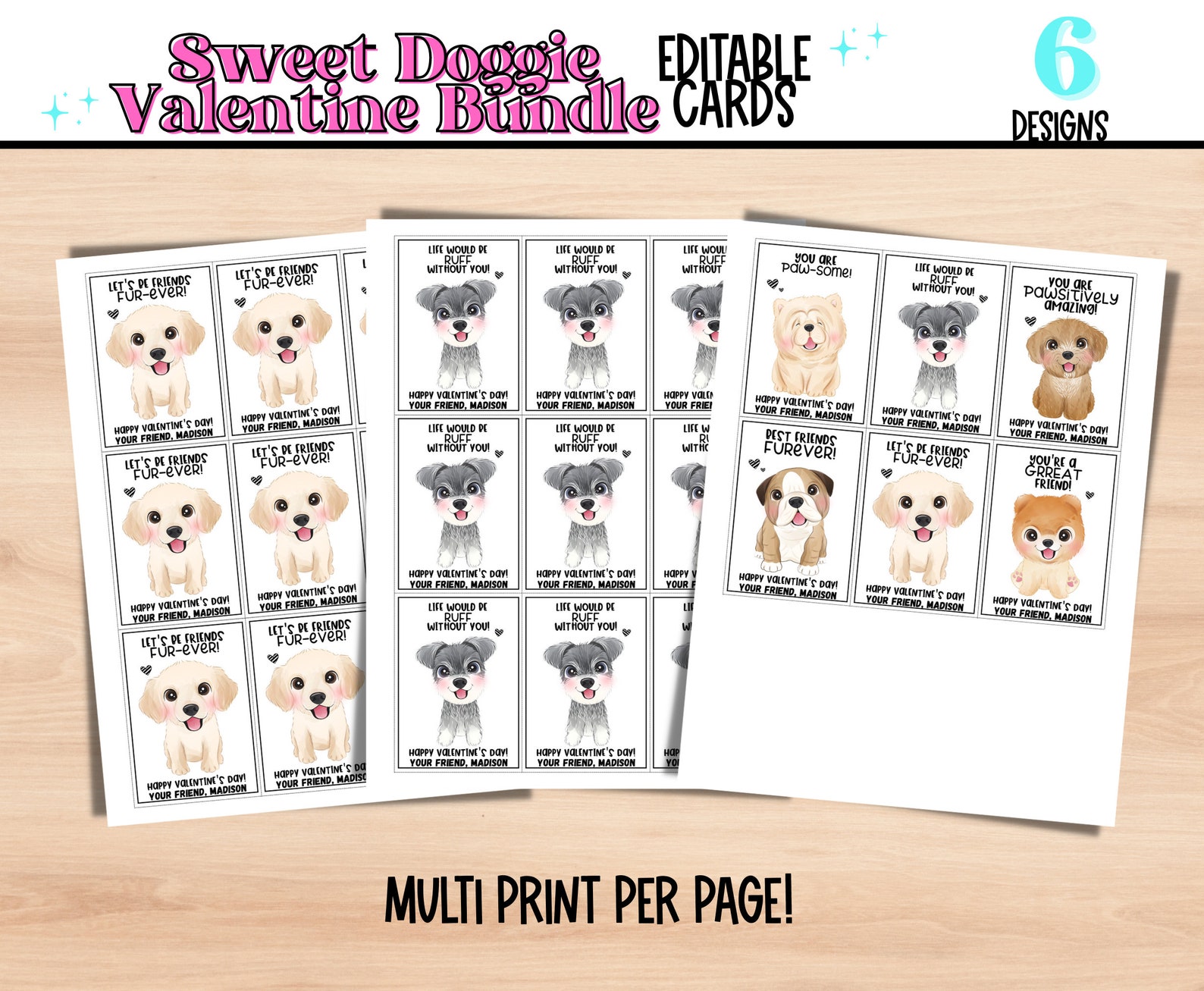 Pet Themed Printable Valentine's Day Cards. Editable Puppy Classroom ...