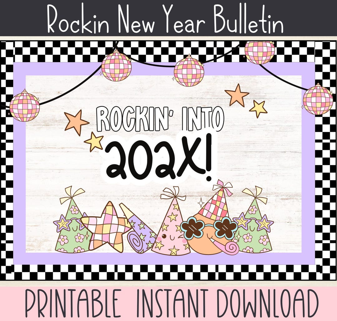 Rockin' New Year Bulletin Board Kit | Printable Groovy Bulletin Borders ...