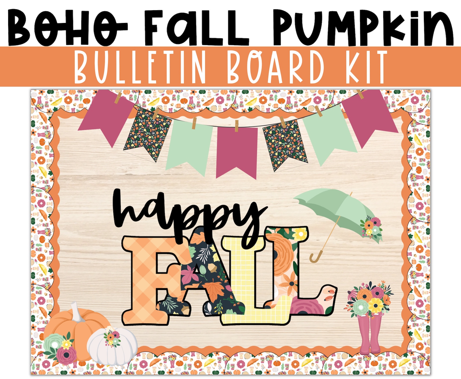 Pumpkin Patch Boho Fall Bulletin Board Kit Fall Bulletin - Etsy