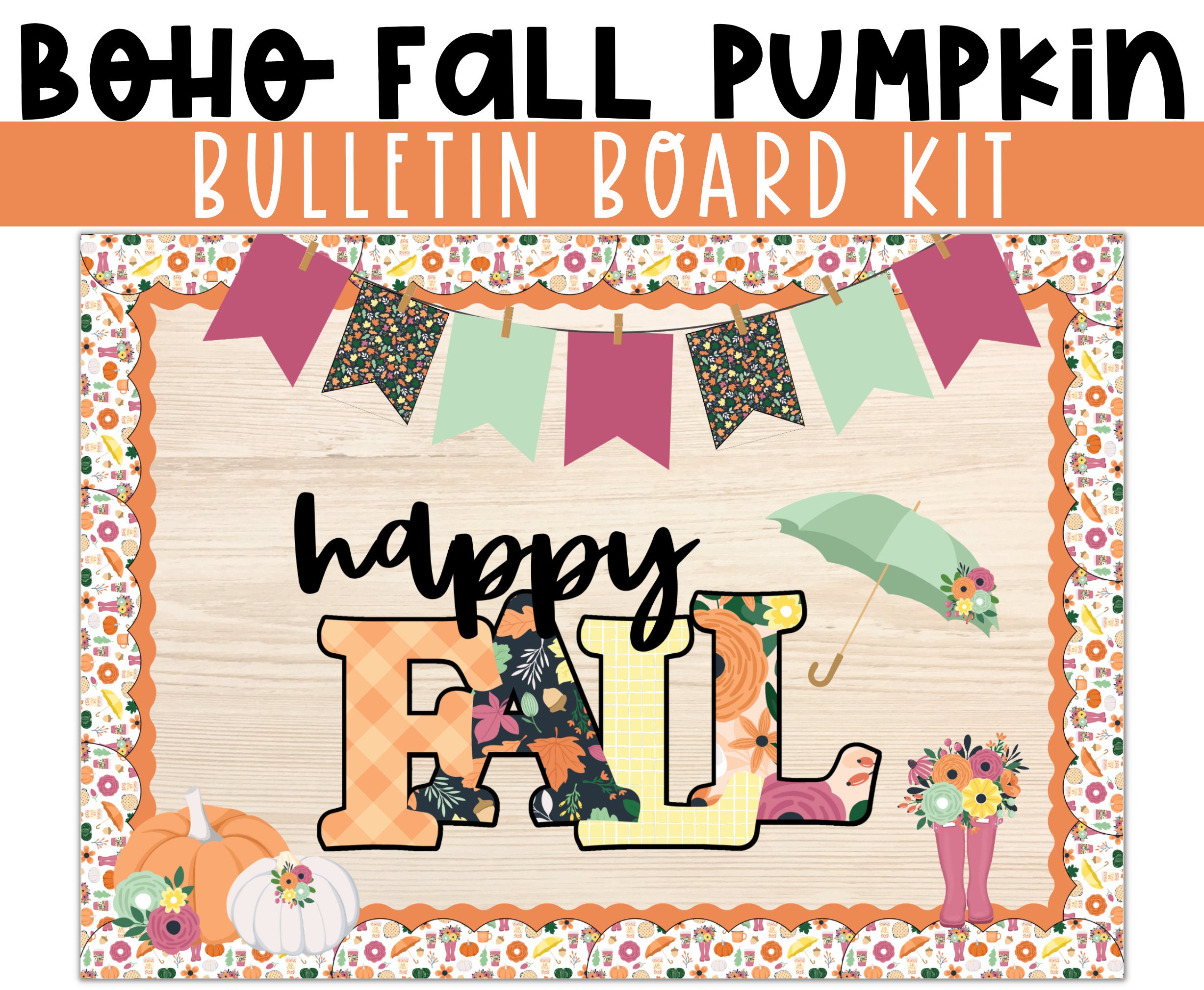 Pumpkin Patch Boho Fall Bulletin Board Kit Fall Bulletin - Etsy
