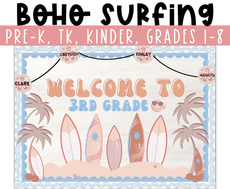 Groovy Boho Welcome to School Surfing Theme Editable Bulletin Board Kit ...