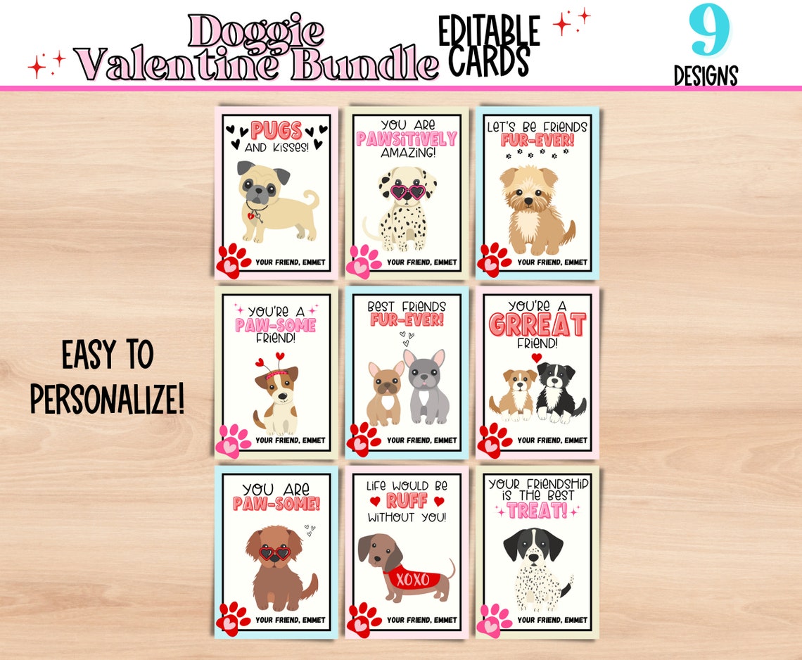 Dog Themed Printable Valentine's Day Cards. Editable Puppy Classroom ...