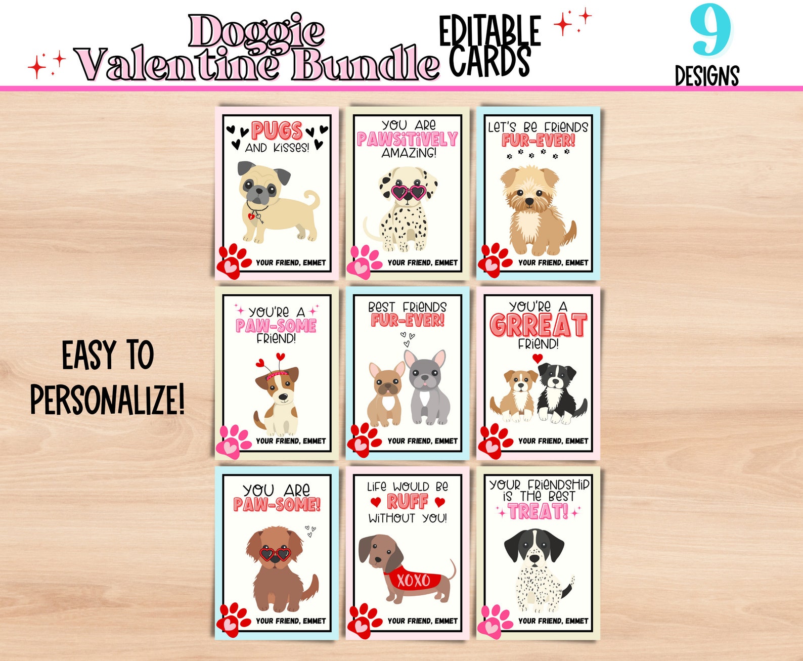 Dog Themed Printable Valentine's Day Cards. Editable Puppy Classroom ...
