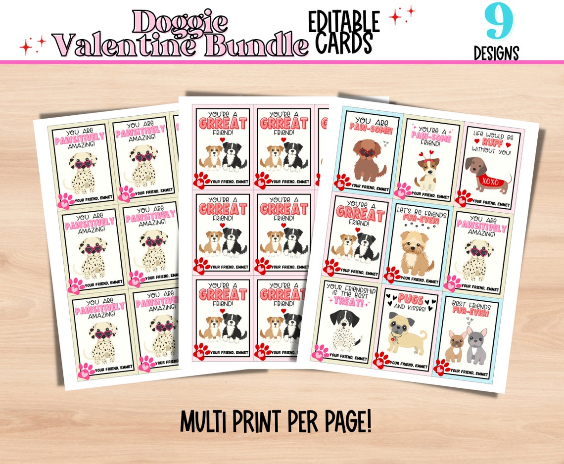Dog Themed Printable Valentine's Day Cards. Editable Puppy Classroom ...