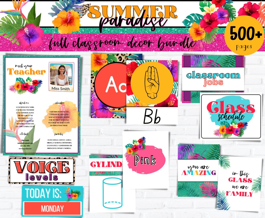Bright Summer Paradise Editable CLASSROOM DECOR Bundle | Modern ...