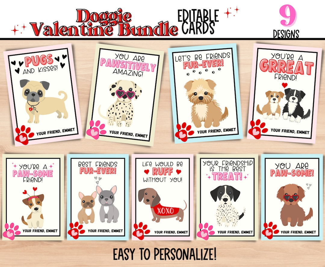 Dog Themed Printable Valentine's Day Cards. Editable Puppy Classroom ...