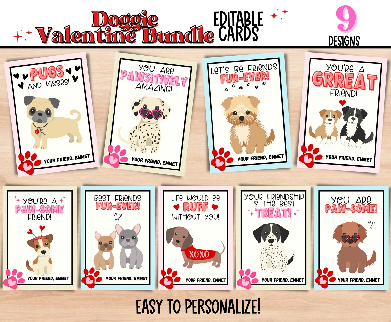 Dog Themed Printable Valentine's Day Cards. Editable Puppy Classroom ...