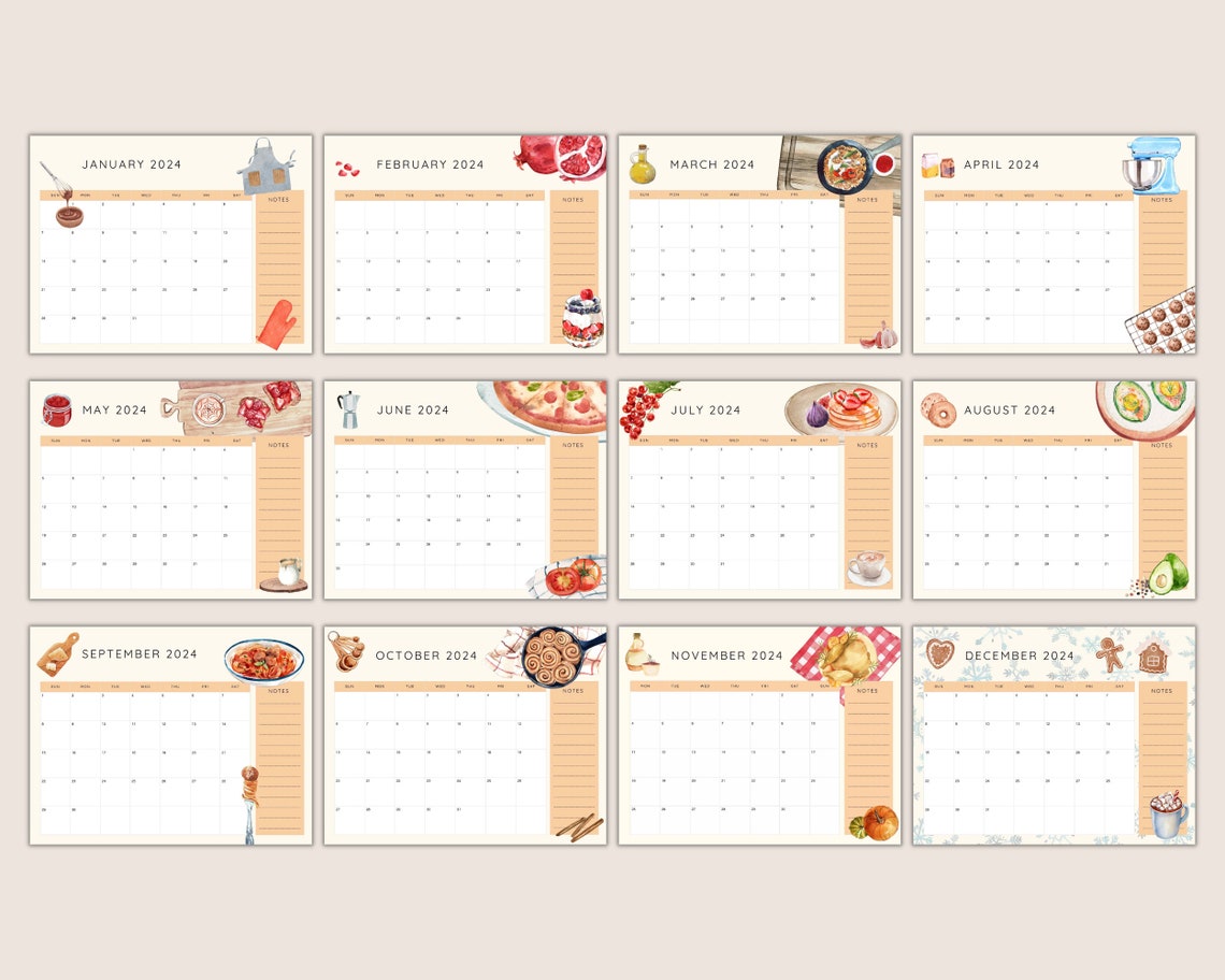Printable Kitchen Calendar 2024 2024 Calendar for Food Lovers ...