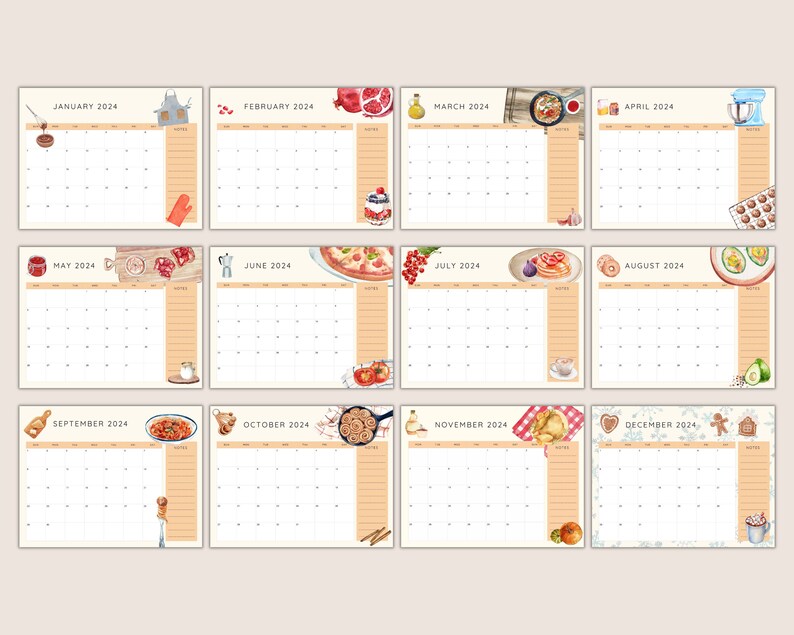 Printable Kitchen Calendar 2024 2024 Calendar for Food Lovers ...