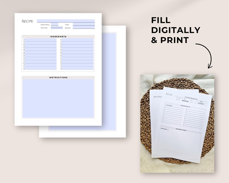 Fillable Recipe Template PDF | Minimalist Recipe Pages for Your Recipe ...