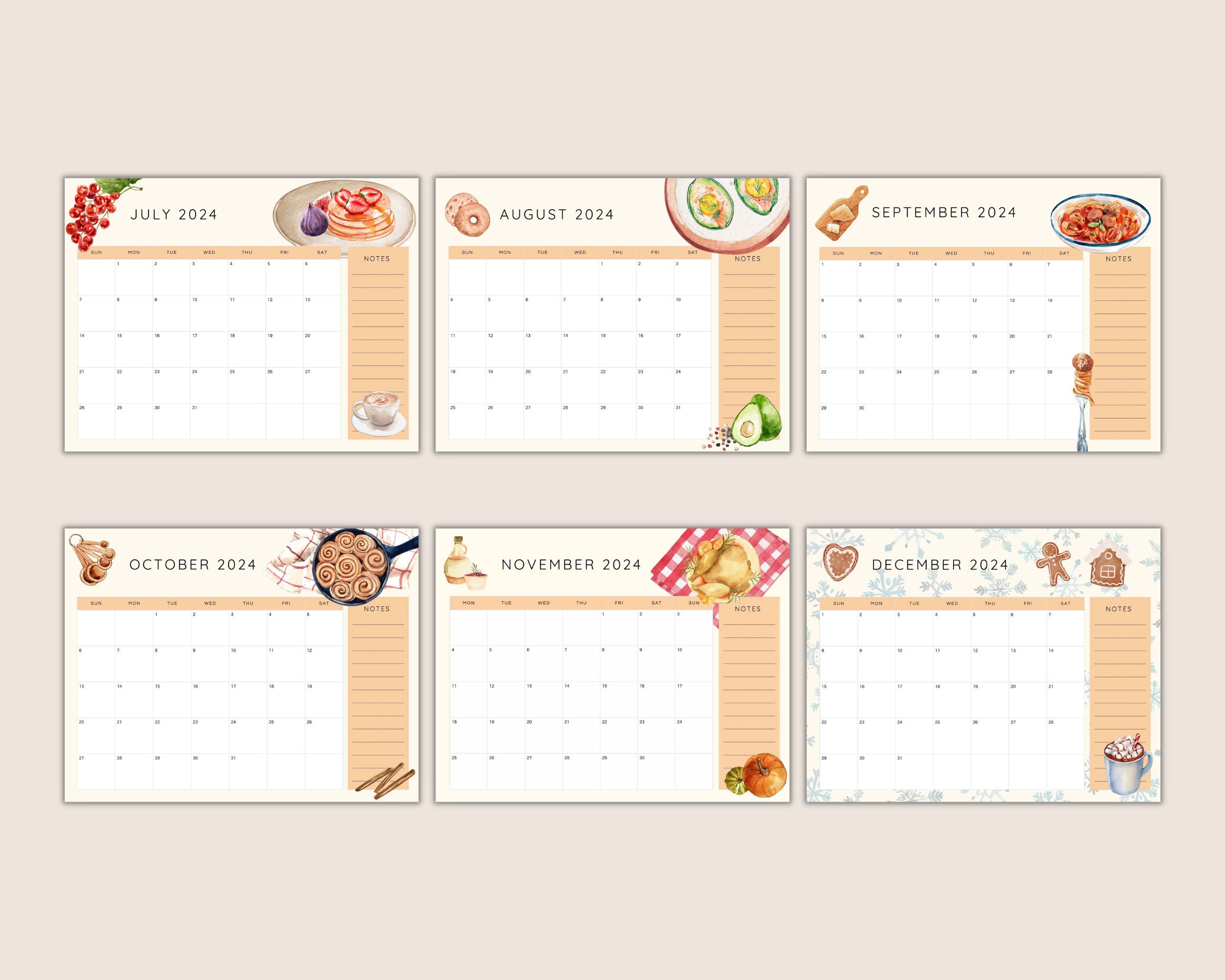 Printable Kitchen Calendar 2024 2024 Calendar for Food Lovers ...