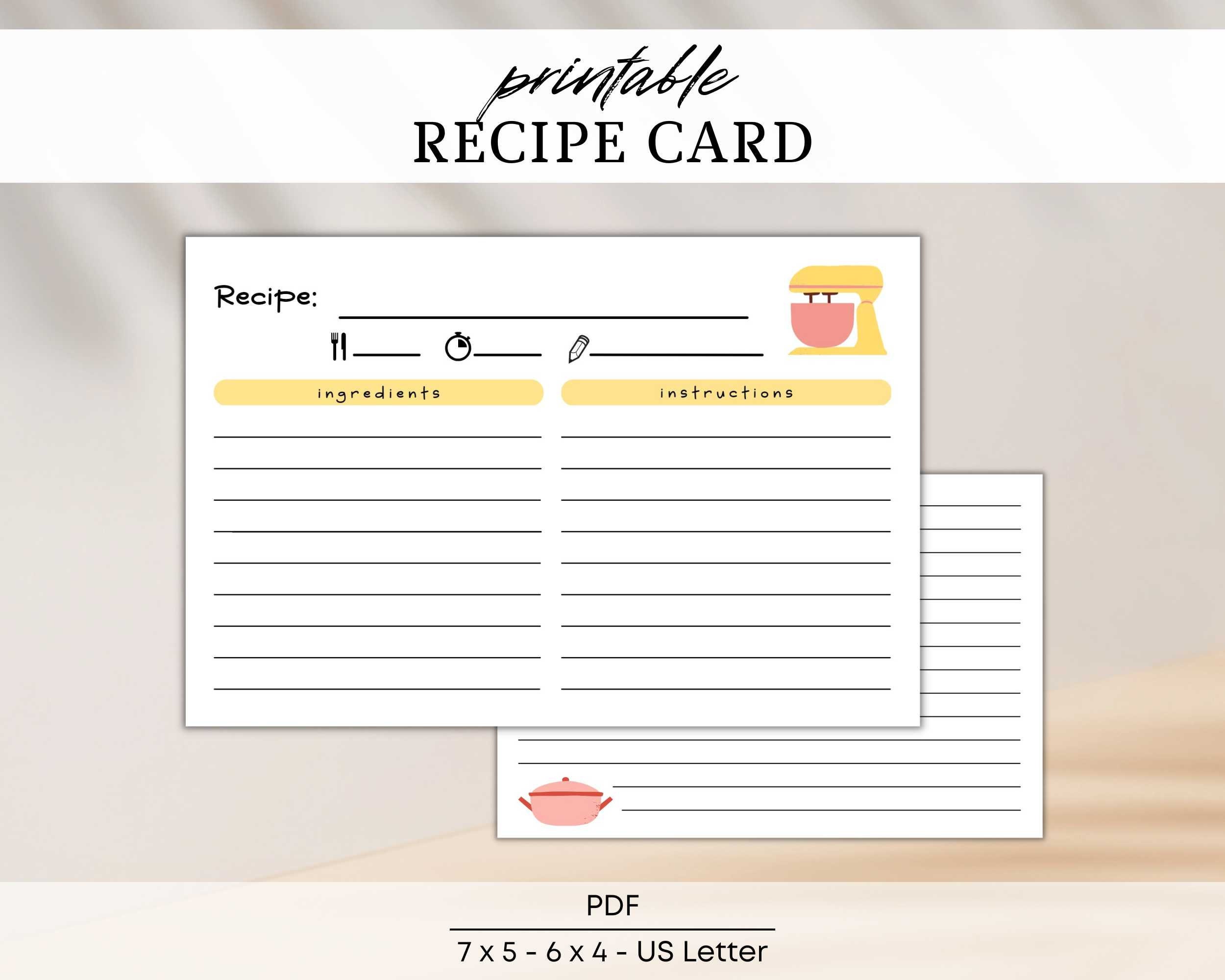 Printable Recipe Card Template for Recipe Card Box Recipe Card 5x7 ...