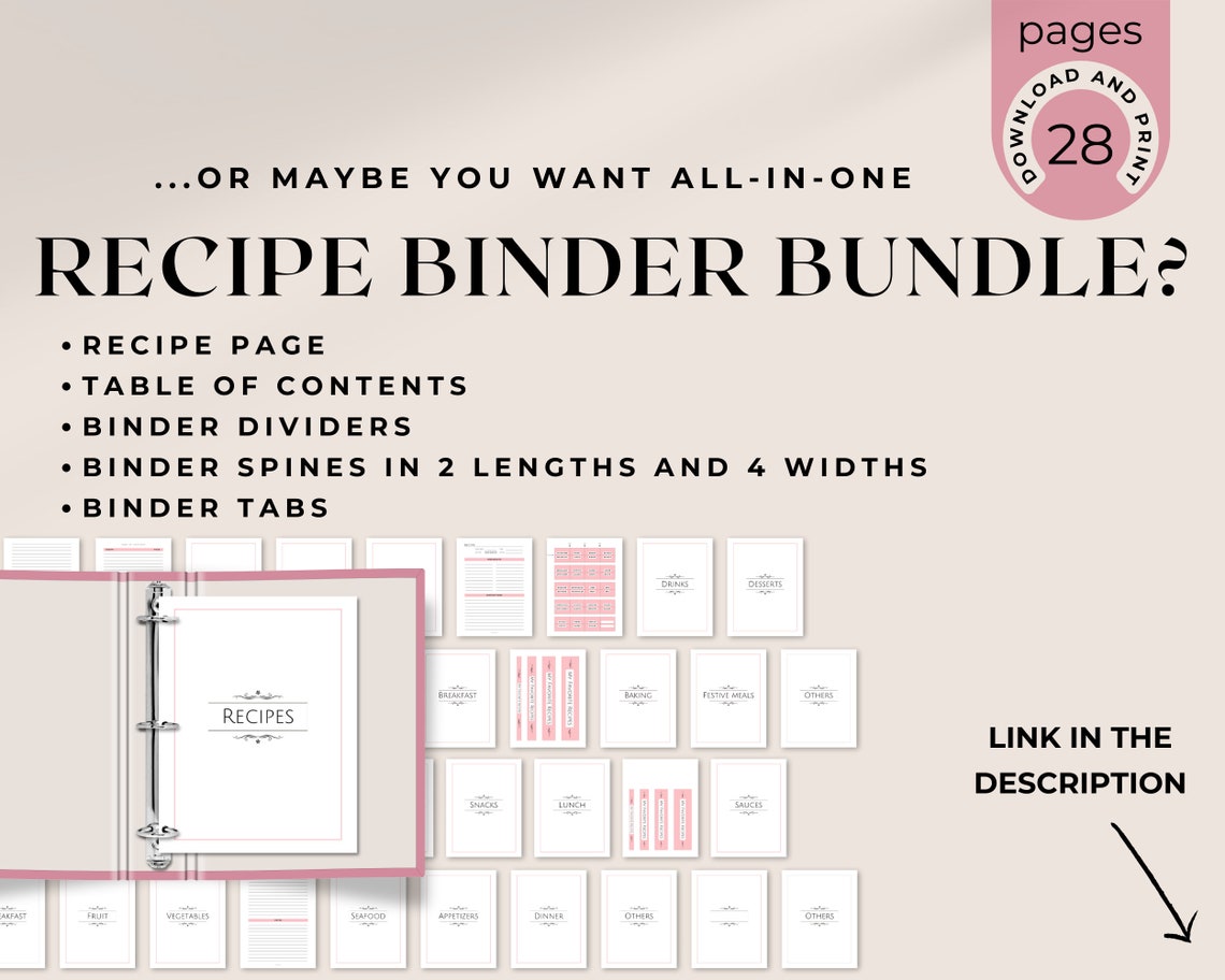Printable Recipe Binder Dividers | 8.5x11 & A4 | Pink Minimalist Recipe ...