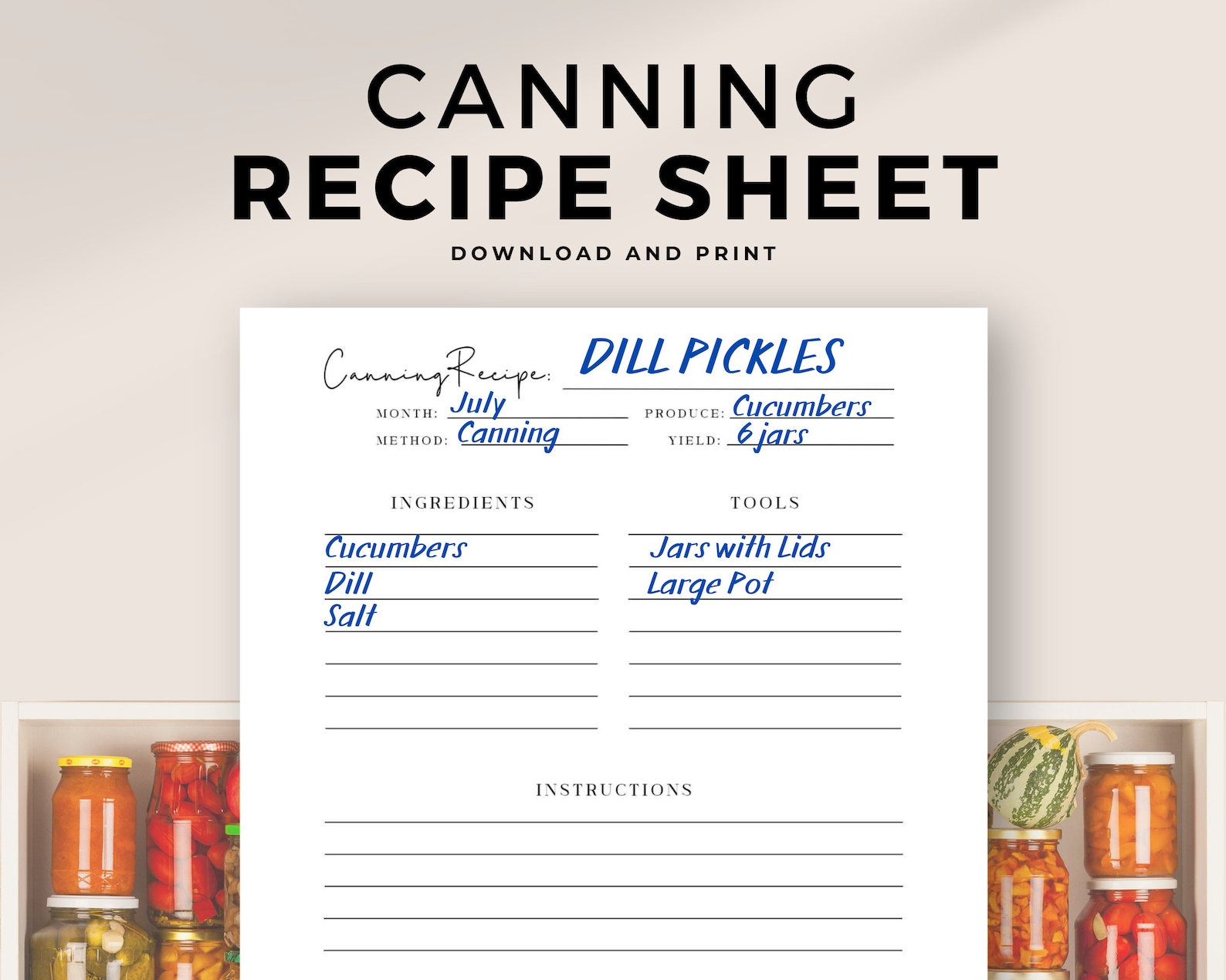 Printable Canning Recipe Template | Canning Recipe Sheet for Your ...