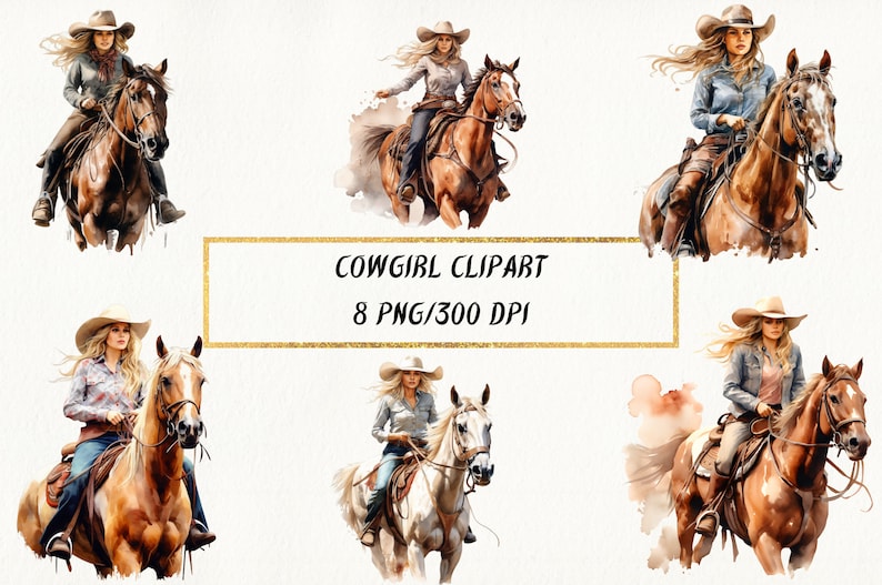 Watercolor Cowgirl Clipart, Cute Cowgirls on Horse PNG Bundle, Cowgirl ...