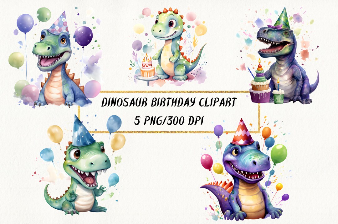 Watercolor Dinosaur Birthday Clipart: 5 PNG Bundle (digital Download ...