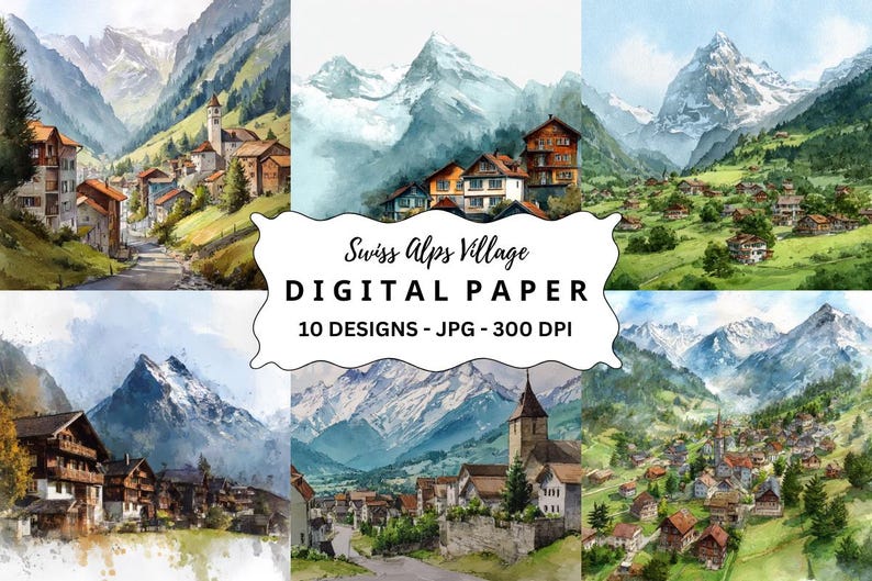Swiss Alps Watercolor Images: Village Scenes for Scrapbooking (JPG ...