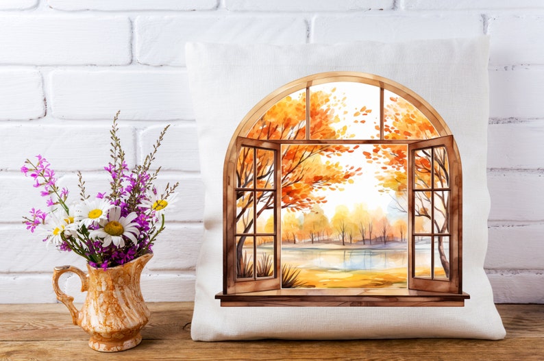 Watercolor Fall Window Clipart: Autumn Landscape PNG Bundle (commercial ...