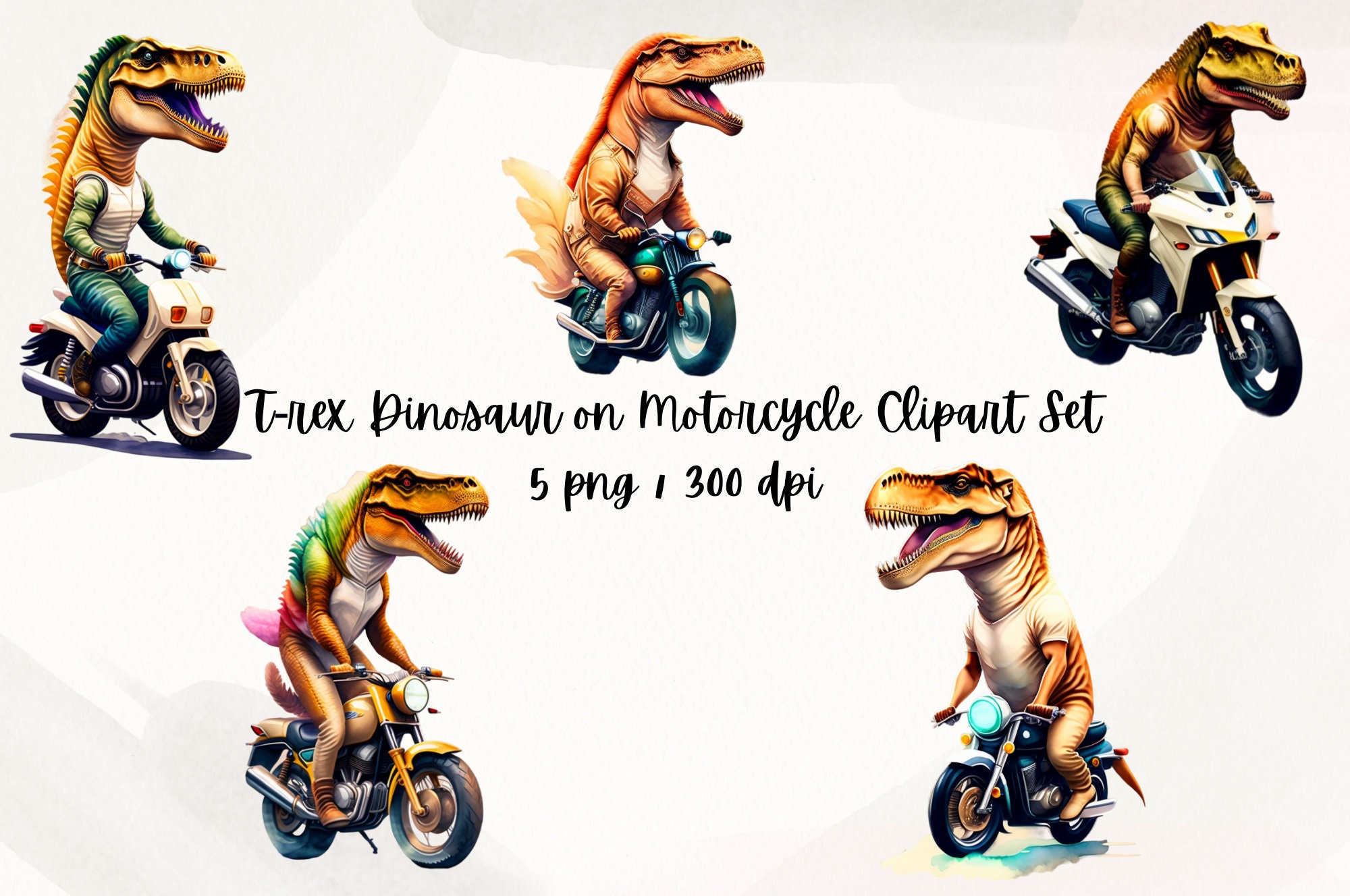 Watercolor T-rex Dinosaur on Motorcycle Clipart, Dinosaur PNG Bundle ...
