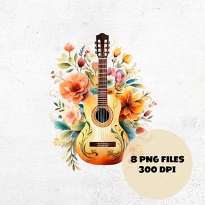 Authentic Spanish Guitar Clipart Bundle, Watercolor Flamenco Inspired ...