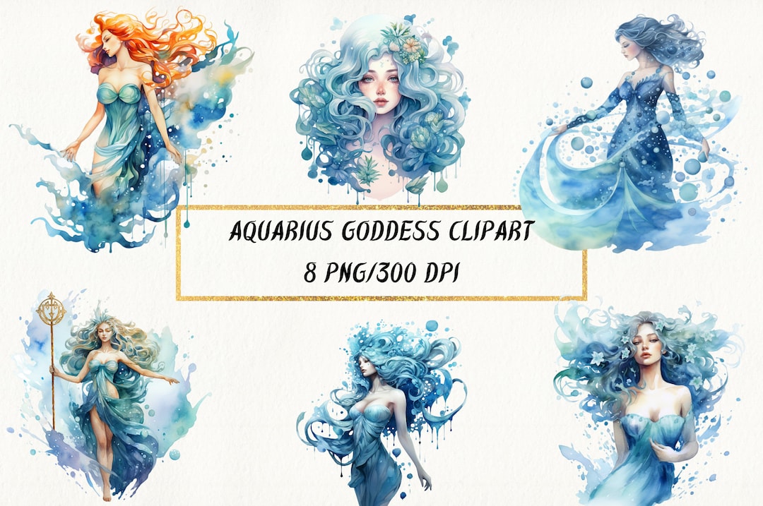 Watercolor Aquarius Goddess Clipart: Zodiac PNG Bundle (commercial Use ...