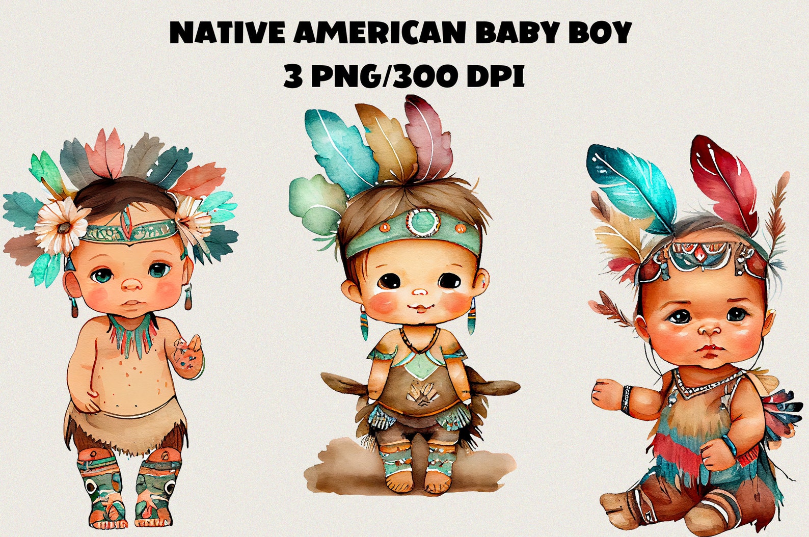 Native American Baby Boy Watercolor Clipart Set, Baby Illustrations, 3 ...