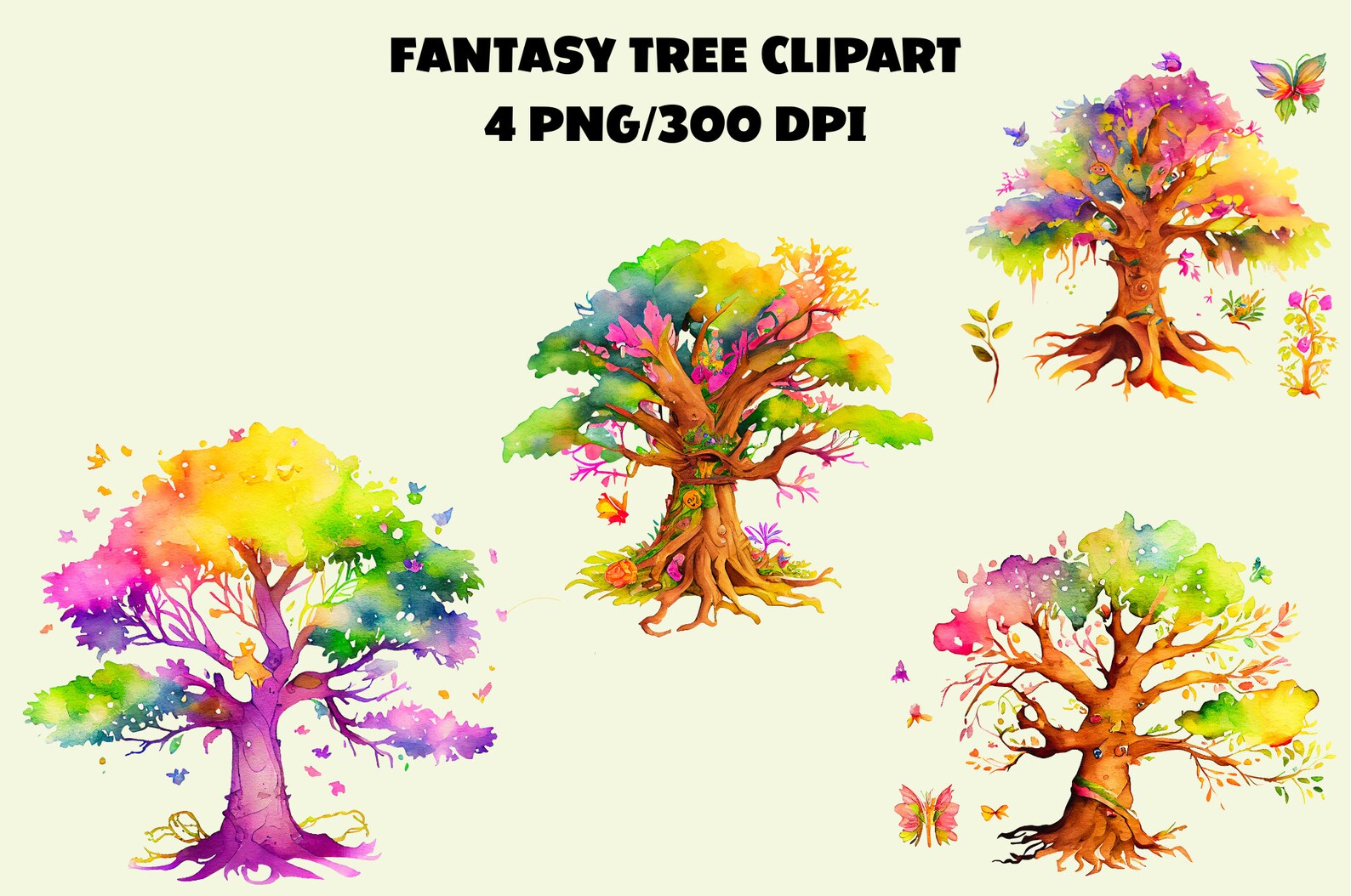 Fantasy Wonderful Tree Watercolor Clipart Set, PNG Bundle, Magical Tree ...