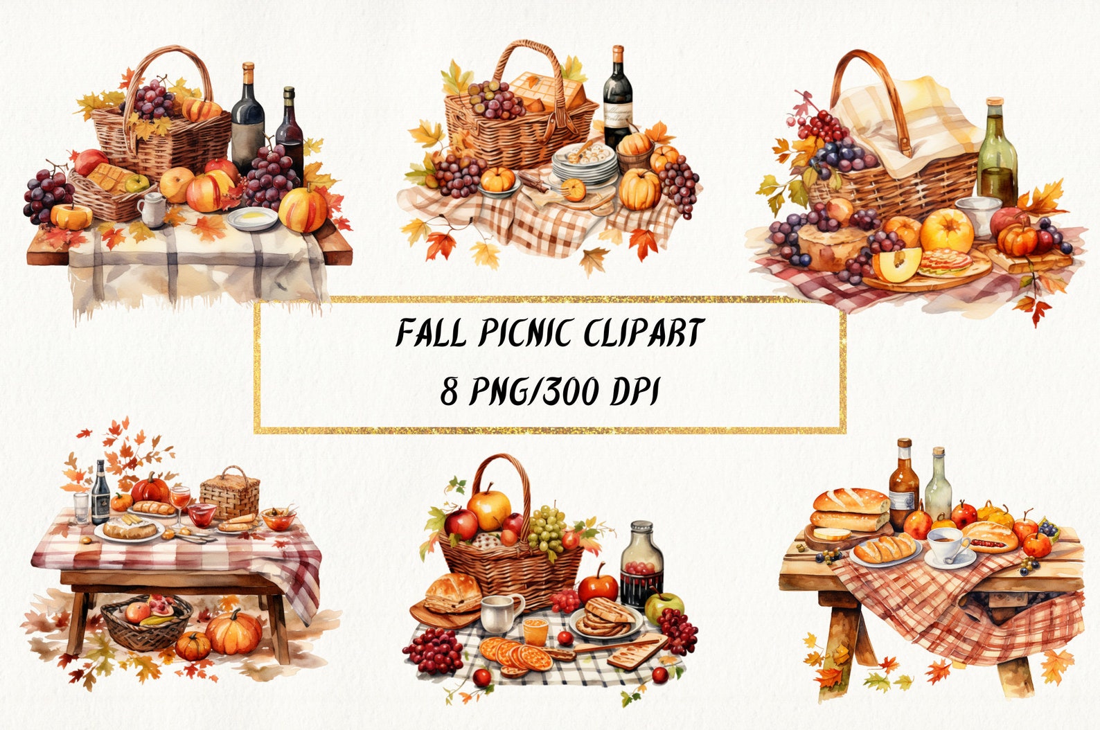Watercolor Fall Picnic Clipart: Autumn Landscape PNG Bundle (commercial ...