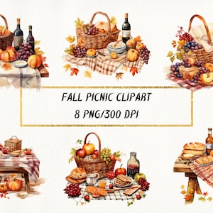 Watercolor Fall Picnic Clipart: Autumn Landscape PNG Bundle (commercial ...
